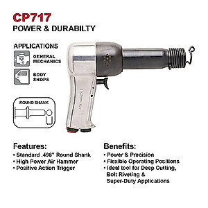 Chicago Pneumatic CP717 - Air Hammer, Welding Equipment Tool, Construction, Heavy Duty, 0.498 Inch (12.7mm), Round Shank, Stroke 2.68 in / 68 mm, Bore Diameter 0.75 in / 19 mm - 1800 Blow Per Minute