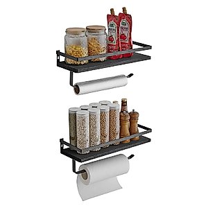BESy Floating Shelves Wall Mounted Storage Shelves with Towel Rack Rails Bar, Paper Towel Holder with Shelf for Kitchen, Bathroom Tissue Roll Hanger, Matte Black Metal Frame, Set of 2 Black