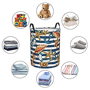 Laundry Basket,Summerwith Sea Shells Anchor,Large Canvas Fabric Lightweight Storage Basket/Toy Organizer/Dirty Clothes Collapsible Waterproof For College Dorms-Large