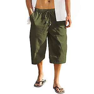 COOFANDY Mens Linen Yoga Pants Casual Elastic Waist Capri Beach Pants Lightweight Harem Pants, Army Green, M