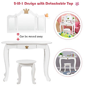 Costzon Kids Vanity Table and Chair Set, Princess Makeup Dressing Table with Drawer & Tri-Folding Mirror, 2 in 1 Vanity Set with Detachable Top, Pretend Beauty Play Vanity Set for Girls (White)