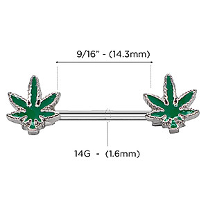 Pierce2GO 14G Nipple Piercing Surgical Stainless-Steel Set of 2 Barbell Glow in the Dark Marijuana Weed Cute Nipple Rings Nipple Piercing Jewelry for Women - 9/16" Barbell (Green)