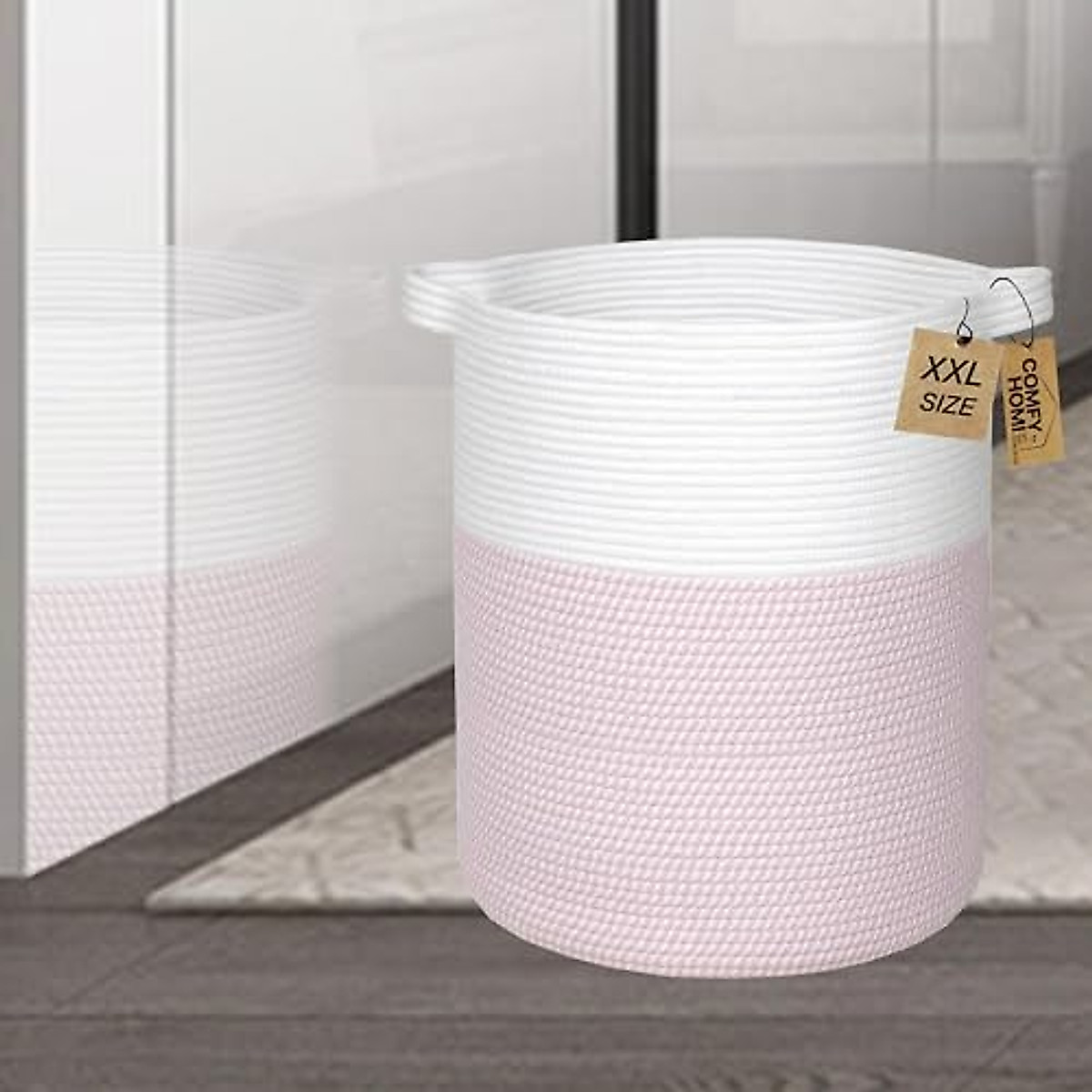 COMFY-HOMI XXL Blanket Basket 18”x16”|Cotton Rope Laundry Basket|Woven Basket for Storage|Gift Basket Empty for Newborn or Infant Gift for Boy Girl, Toy basket for blanket, cloth, towel-White/Pink