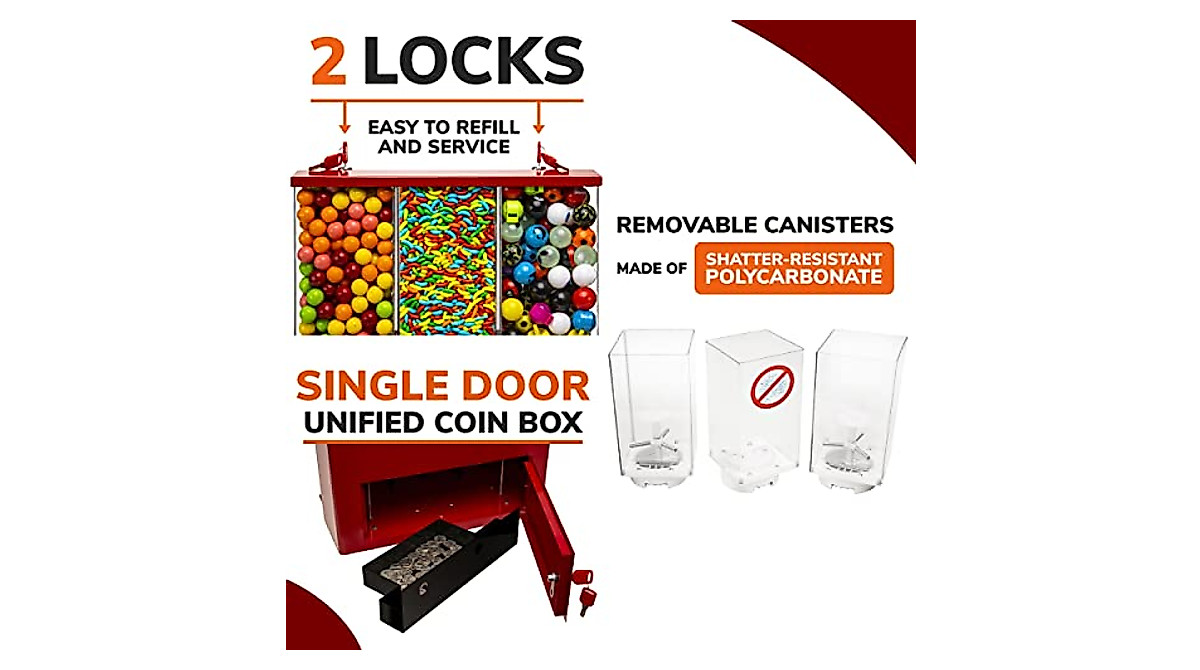 Red Triple Vending Machine for Gumballs & Candies | Commercial Use