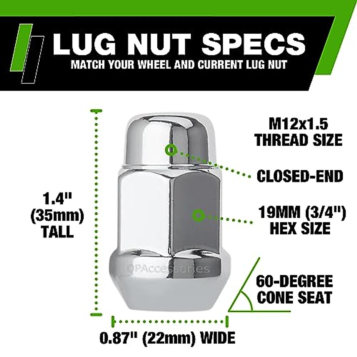 DPAccessories M12x1.5 Lug Nuts Chrome - Closed-End Acorn Lug Nuts - Aftermarket Wheel Lug Nuts 12x1.5-19 mm Hex M12-1.50 Lug Nuts - Chrome Lug Nuts - Set of 20 - D3116-HT-2305/20