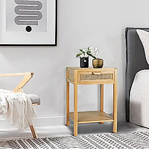 Polar Aurora Nightstand, End Table with Woven Pattern Drawer and Open Storage Shelf, Bedside Furniture, Side Table for Bedroom, Easy Assembly, Natural Walnut