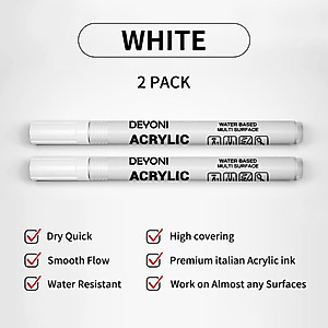 DEYONI 2pcs white Acrylic Paint Pens,0.7 mm extra Fine Tip,Water Based Acrylic Markers for Wood, Black Paper, Rock Painting, Stone