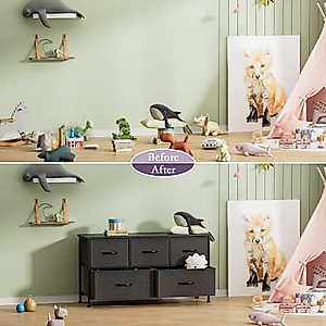 JUMMICO Fabric Dresser for Bedroom, Tall Wide Dresser with 5 Drawers, Storage Tower with Fabric Bins, Dresser Fabric Box Steel Frame, Wood Top Drawer Chest TV Stand for Closet, Living Room (Black)