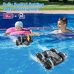 Xynzzeu Amphibious Remote Control Car, 4WD All Terrain Gesture RC Cars for Boys 6-12 Years Old, Waterproof Remote Control Boat for Pool, 360°Rotate Remote Car, Super Power RC Stunt Car Gifts for Boys