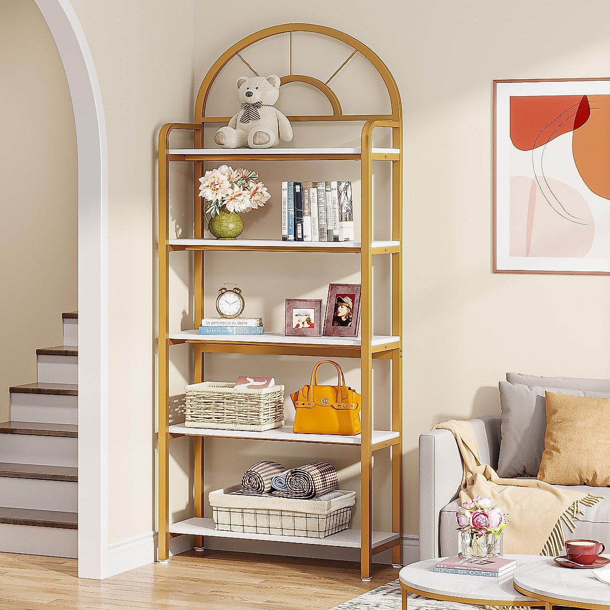 Tribesigns White and Gold Arched Bookshelf 5 Tier Bookcase, Gold Shelves for Living Room Freestanding Tall Display Shelf, Decorative Shelf for Bedroom