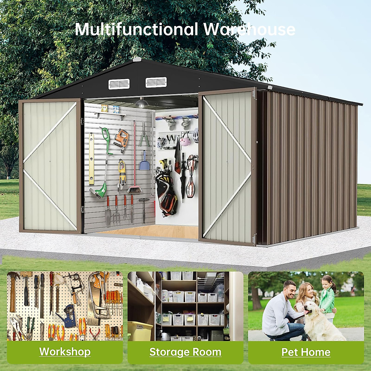 8.6'x10.4' Outdoor Storage Shed, Large Garden Shed, with Slooping Roof and 4 Vents. Updated Reinforced and Lockable Doors Frame Metal Storage Shed for Patiofor Backyard, Patio, Garage, Lawn，Brown