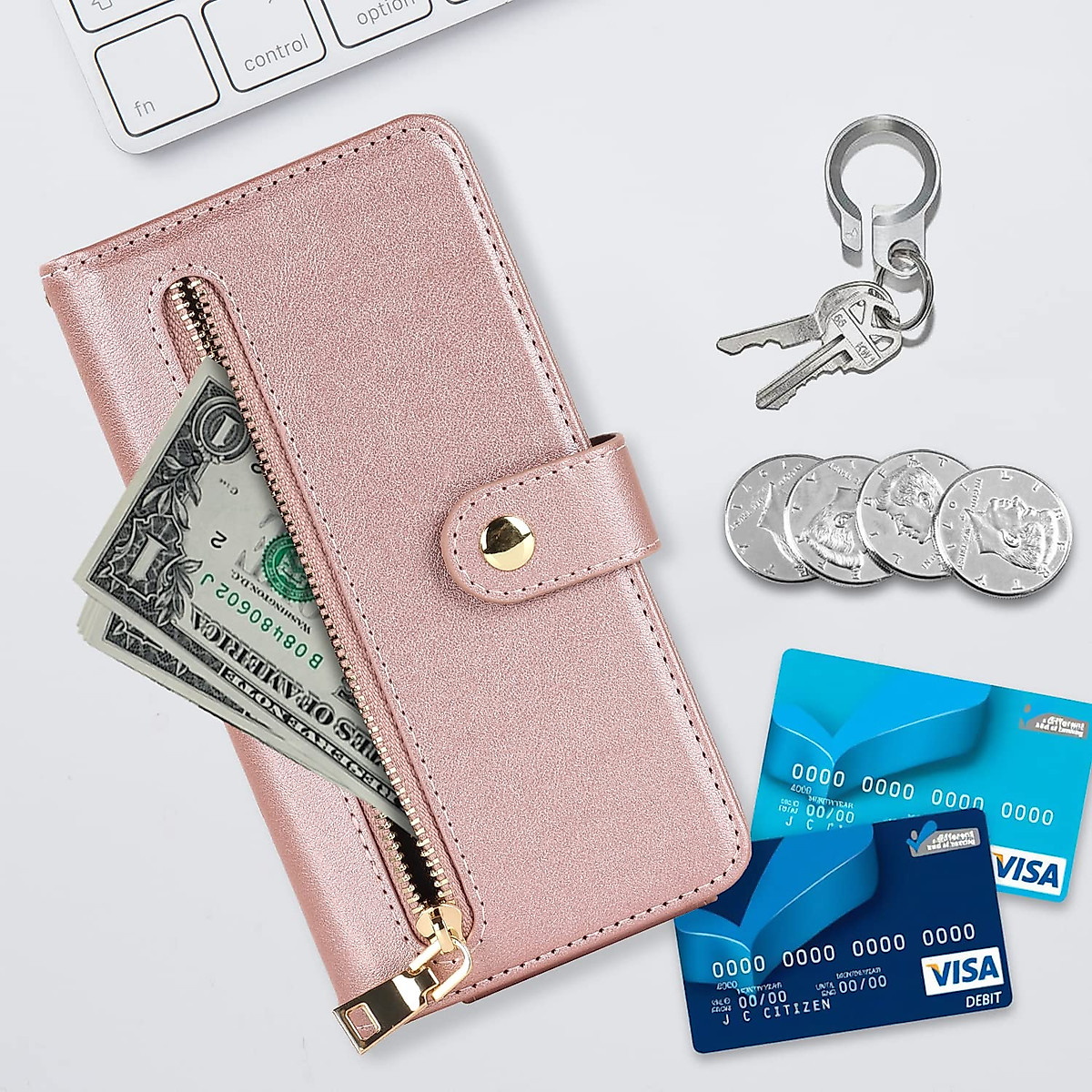iCoverCase for iPhone 13 Pro Max Wallet Case with Card Holder, Adjustable Crossbody Lanyard PU Leather Kickstand Card Slots Zipper [Not Detachable] Flip Cover Case 6.7 Inch (Rose Gold)