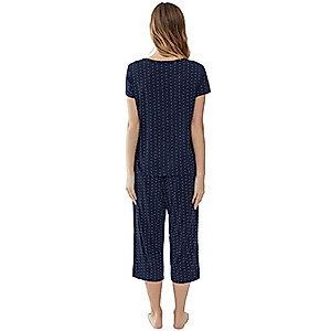 Joyaria Womens Capri Bamboo Pajamas Capri Pjs Set Night Sweats Short Sleeve Sleepwear Hot Flashes(Navy Polka Dot,XXL)