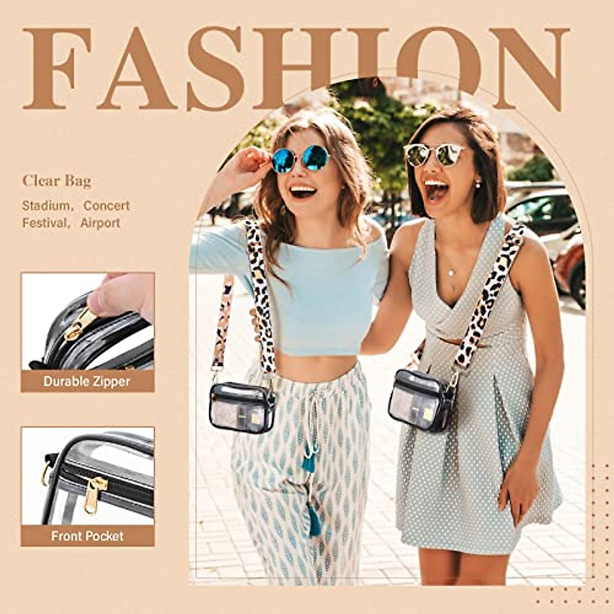 HULISEN Clear Crossbody Bag Stadium Approved, Clear Purse for Women Men, Transparent Messenger Shoulder Handbag for Concert, Travel, Work, Sports (Pink Leopard)