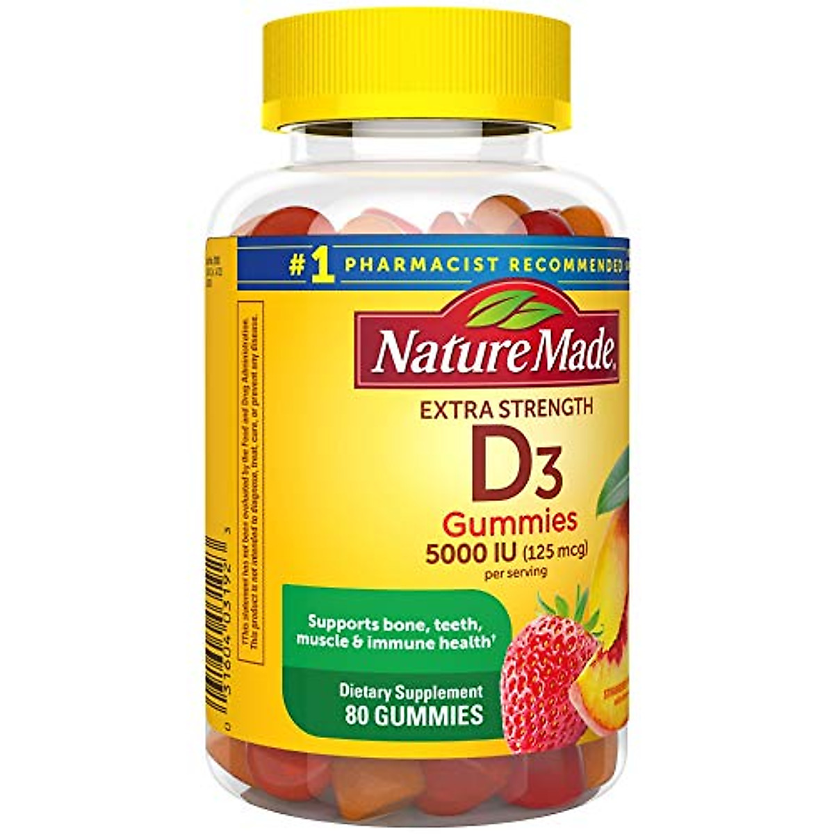 Nature Made Extra Strength Vitamin D3 5000 IU (125 mcg) per serving, Dietary Supplement for Bone, Teeth, Muscle and Immune Health Support, 80 Gummies, 40 Day Supply