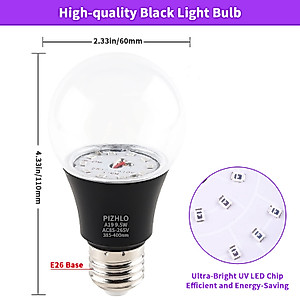 PIZHLO 4 Pack 9.5W LED Black Light Bulb, A19 E26 Black Shell Blacklight LED Bulb, 385-400nm, Glow in The Dark for Blacklight Party, Body Paint, Fluorescent Poster, Halloween, Valentine's Day
