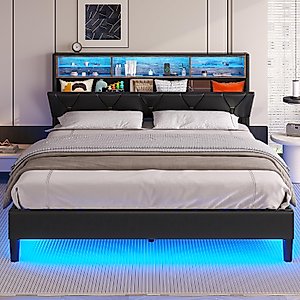 HAUOMS Queen Bed Frame with Storage Headboard and RGB LED Lights, PU Leather Platform Bed Frame Queen Size with Type-C & USB Charging Station, Stable Easy Assembly, No Box Spring Needed, Black