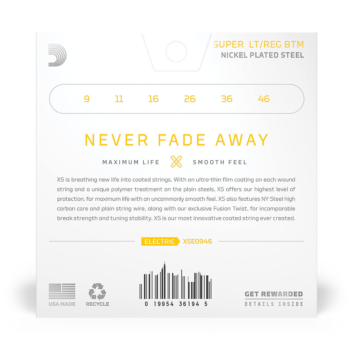 D'Addario Guitar Strings - XS Nickel Coated Electric Guitar Strings - XSE0946 - Maximum Life with Smooth Feel & Exceptional Tone - For 6 String Guitars - 09-46 Super Light Top/Regular Bottom