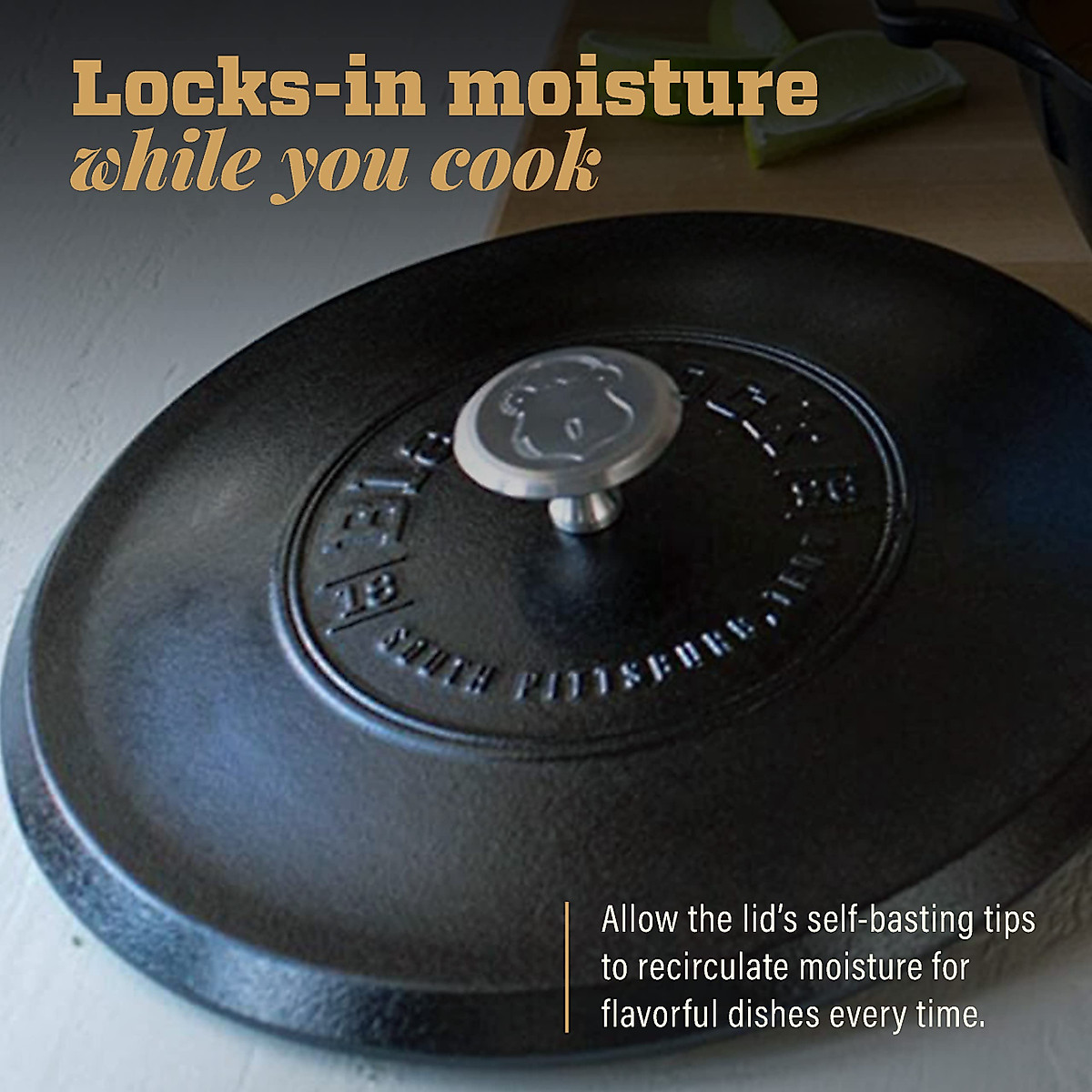 Lodge Blacklock 12" Triple Seasoned Cast Iron Lid - For Blacklock 12 Dutch Ovens & Skillets - Locks In Moisture - High-Heat Aluminum Knob - Pan Lid for Iron Skillet