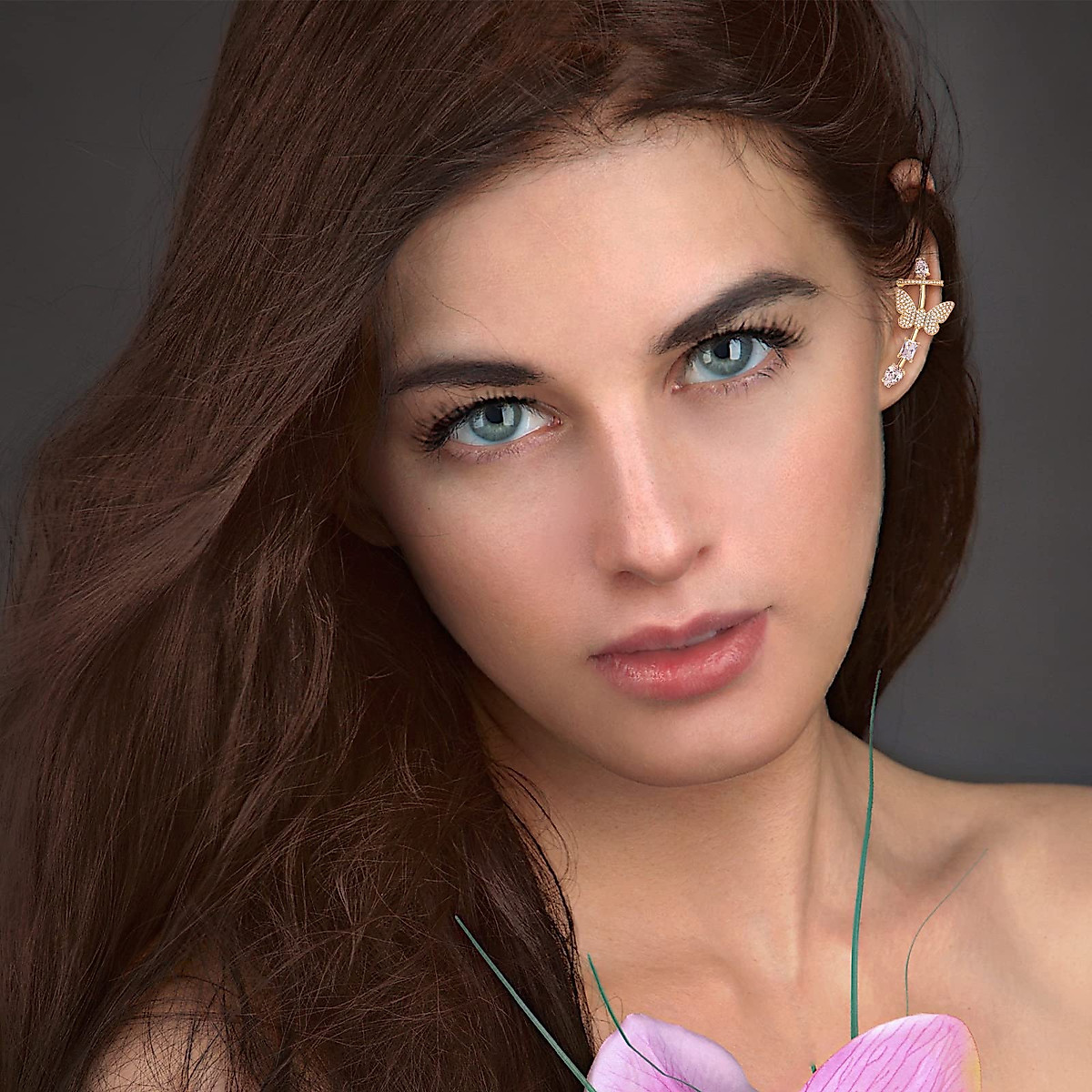 925 Sterling Silver Post Ear Cuff Earrings for Women Butterfly Cartilage Ear Climber Earrings Gold Purple Cubic Zirconia CZ Hypoallergenic Piercing Gifts For Her (Gold)