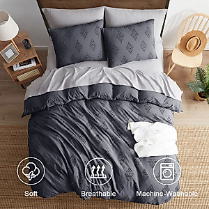 Nestl Boho Bedding Queen - Grey Duvet Cover Queen Size, Textured Queen Duvet Cover Set, 3 Piece Tufted Boho Duvet Cover with Zipper Closure, 1 Queen Size Duvet Cover 90x90 Inches and 2 Pillow Shams
