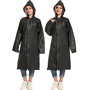 Borogo Rain Ponchos for Adults Reusable 2Pcs Raincoats Emergency Survival With Hoods And Sleeves for Women Men Black