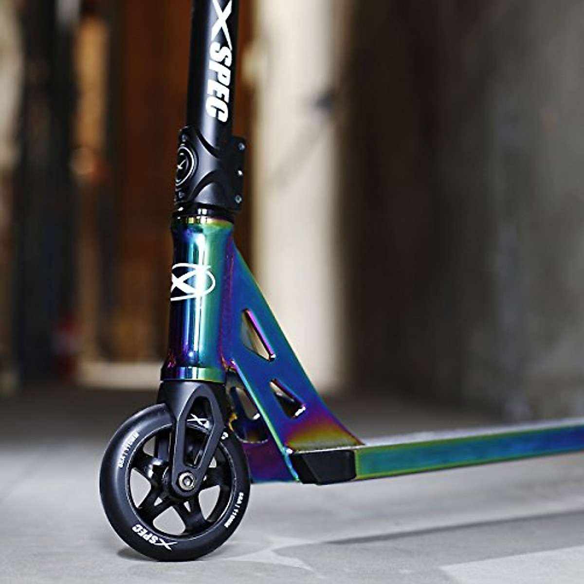 Xspec Rainbow Neo Chrome Pro Stunt Kick Scooter, Unique Oil Slick Anodized Design, Aluminium with BMX Handlebars Reinforced Aluminium Wheels and Fork