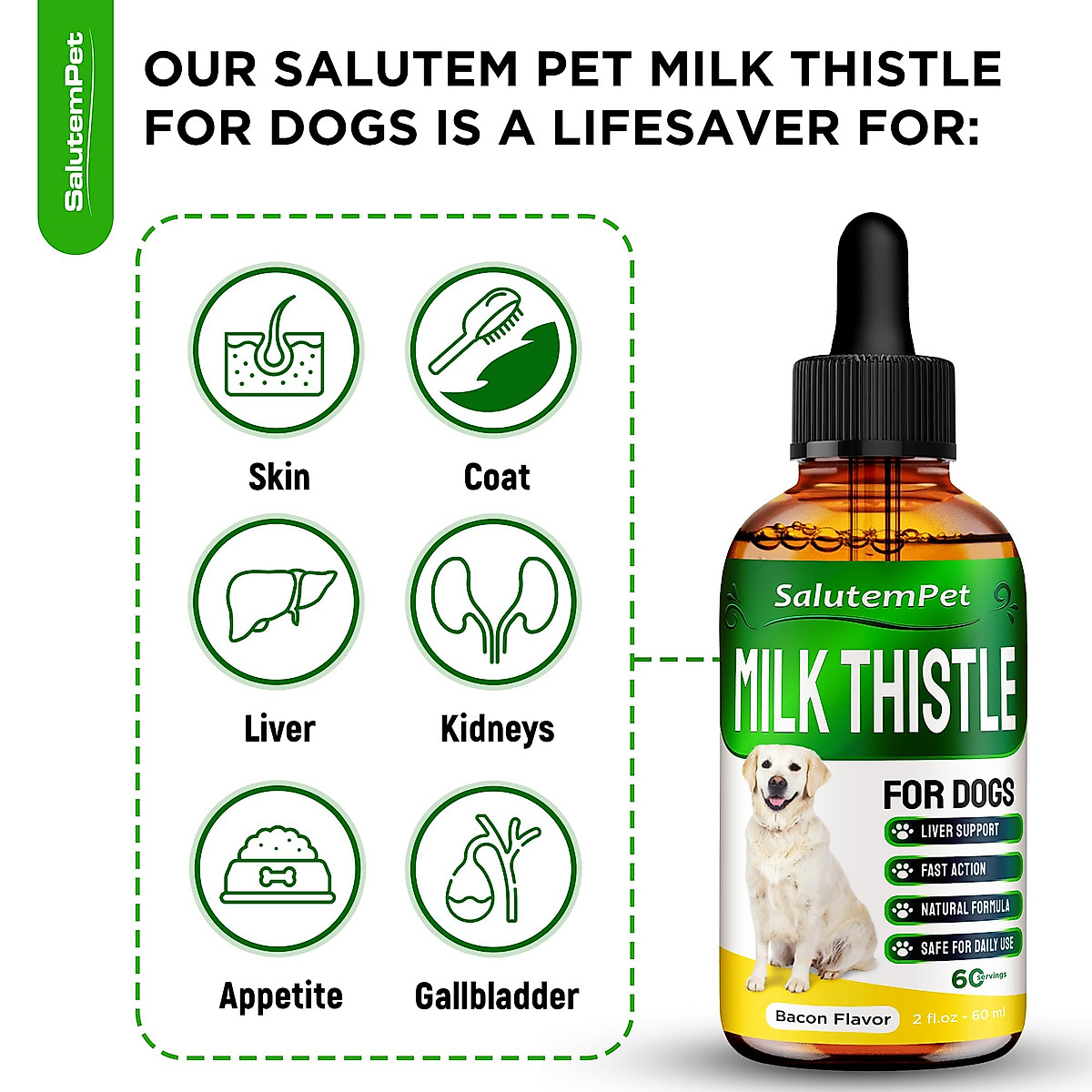 Milk Thistle for Dogs and Puppies | Liver Support for Dogs | Kidney Support for Dogs | Dog Liver Supplement | Herbal Composition Only | Attractive Bacon Flavor | 2 Oz
