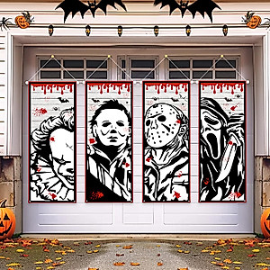 Horror Movie Character Halloween Decoration, Set of 4 Large Horror Paintings Backdrop Bloody Red Horror Movie Character Stretching Portraits for Home Wall Door Decor Hanging Banner