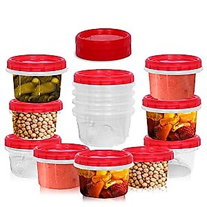 [Red - 12 Pk] Airtight Deli Containers with Lids Twist Lock Top Clear Food Storage for Meal Prep Snacks and Leftovers Freezer and Microwave Safe Stackable Leak-Resistant and 12 Pc. Set (16 Ounce)