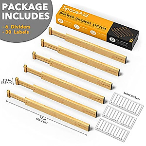 SpaceAid Bamboo Drawer Dividers with Labels, Kitchen Adjustable Drawer Organizers, Expandable Organization for Home, Office, Dressers and Bathroom, 6 Dividers (13.25-17 in)
