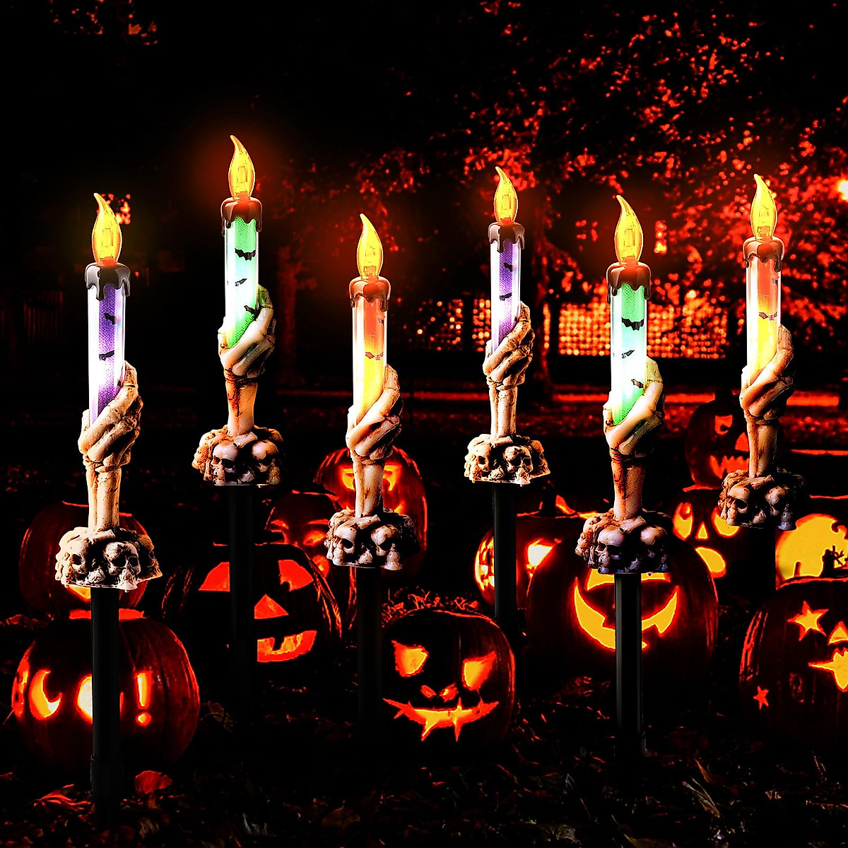 Halloween Solar Candle Light Stakes, 6 Pcs Skeleton Hands Hold Lighted Candle Paito Decor Pathway Makers, Waterproof Light Up Figurine for Outdoor Indoor Halloween Party Decorations