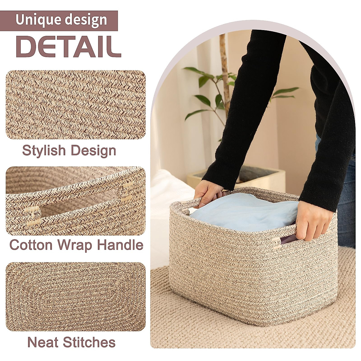 OIAHOMY 4 Pack Storage Baskets for Organizing, Cube Storage Bins for Shelves, Rectangle Storage Baskets With Handles, Woven Baskets for Storage, 12.7''Lx9''Wx7.8''H, Brown