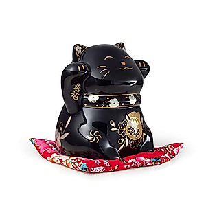 Gvuha Chinese Feng Shui White Ceramic Lucky Cat Figure Maneki Neko Fortune Cat Money Box Lucky Charm Piggy Bank Small 12x12x14CM(4.72x4.72x5.51Inch),Black,L