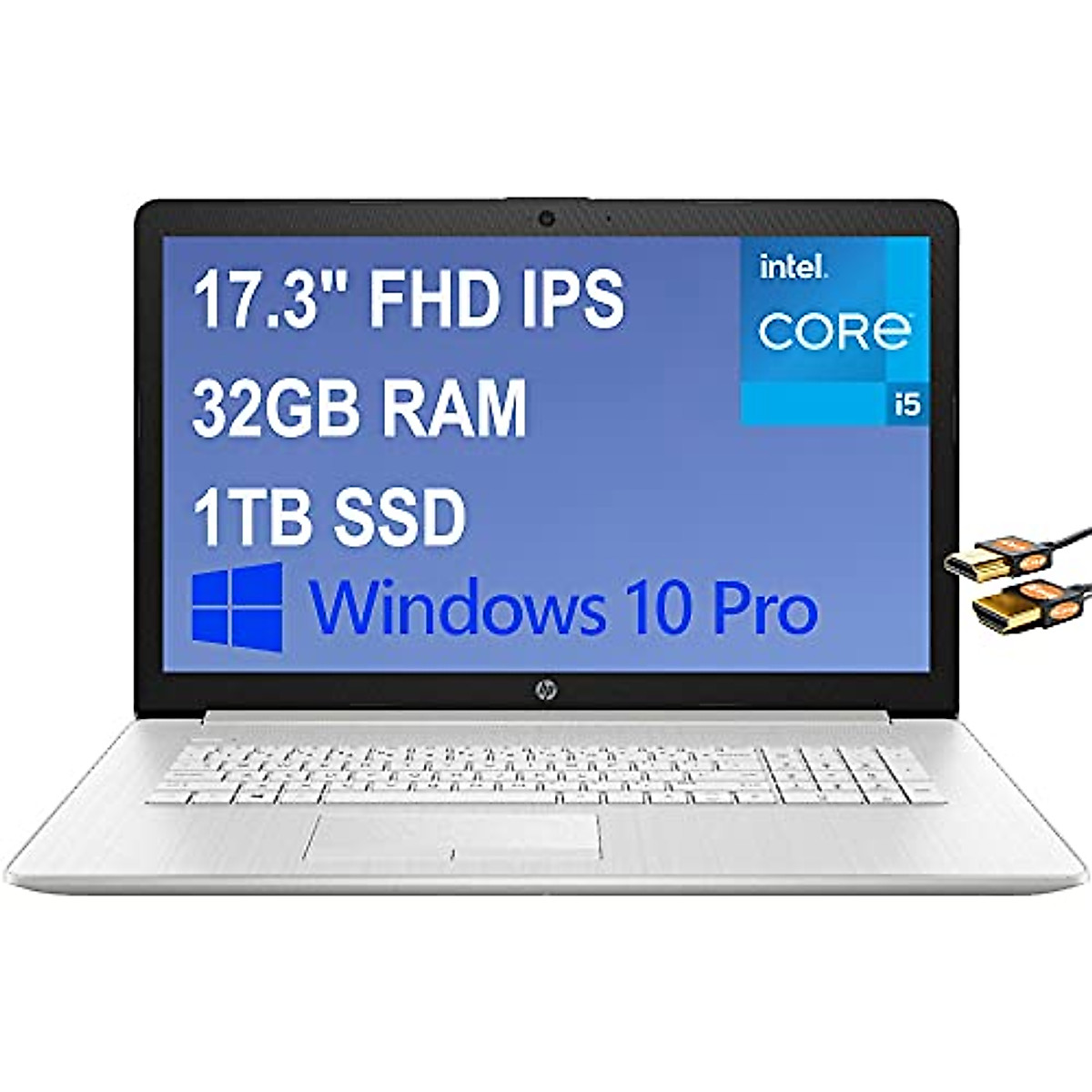 HP 17 Flagship Laptop Computer 17.3" FHD IPS Anti-Glare Display 11th Gen Intel 4-Core i5-1135G7 (Beats i7-10510U) 32GB RAM 1TB SSD Intel Iris Xe Graphics Webcam Win10 Pro Silver + HDMI Cable