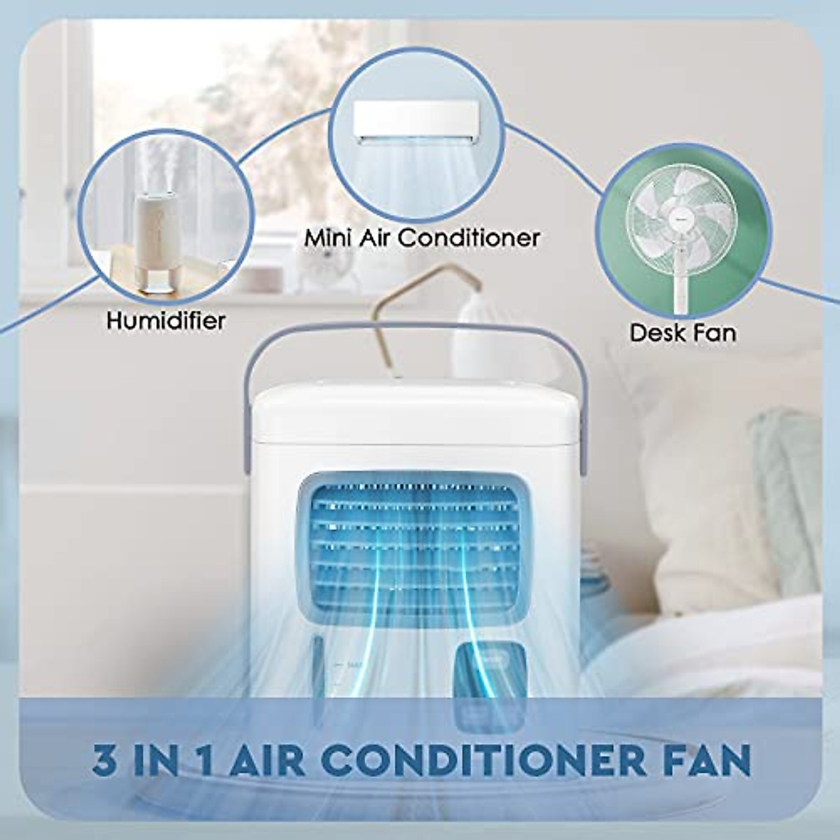 Quiet Evaporative Air Cooling Cooler - 3 in 1 Mini Air Conditioner Cooling Fan, 12H Timer 500ML Water Tank, Adjustable Angles w/2 Speeds, Ideal for Desk Table Home Room Bedroom Office Dorm