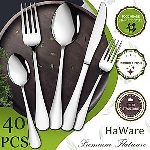 HaWare 40-Piece Silverware Set Service for 8, Stainless Steel Flatware Cutlery Set, Food-Grade Tableware Eating Utensil Set for Home Kitchen, Include Fork Knife Spoon, Mirror Polished, Dishwasher Safe