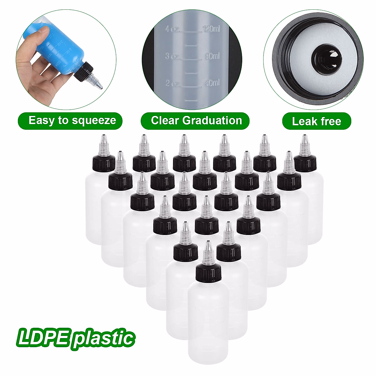 ZOFORTY 40Pcs 4 OZ Boston Dispensing Bottles, Plastic Squeeze Bottles with Twist Top Caps, Boston Round LDPE Bottles for Liquids Oils Art Crafts Kitchen Household (120ml)