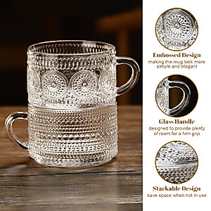 CIOUYAOS 2 Set Vintage Glass Coffee Mugs, Large Clear Cups with 2pcs Spoons 2pcs Glass Saucer, Can Shaped Sunflower Beads Coupe and Coasters for Cappuccino, Latte, Tea, Hot Beverages, Yogurt,milk