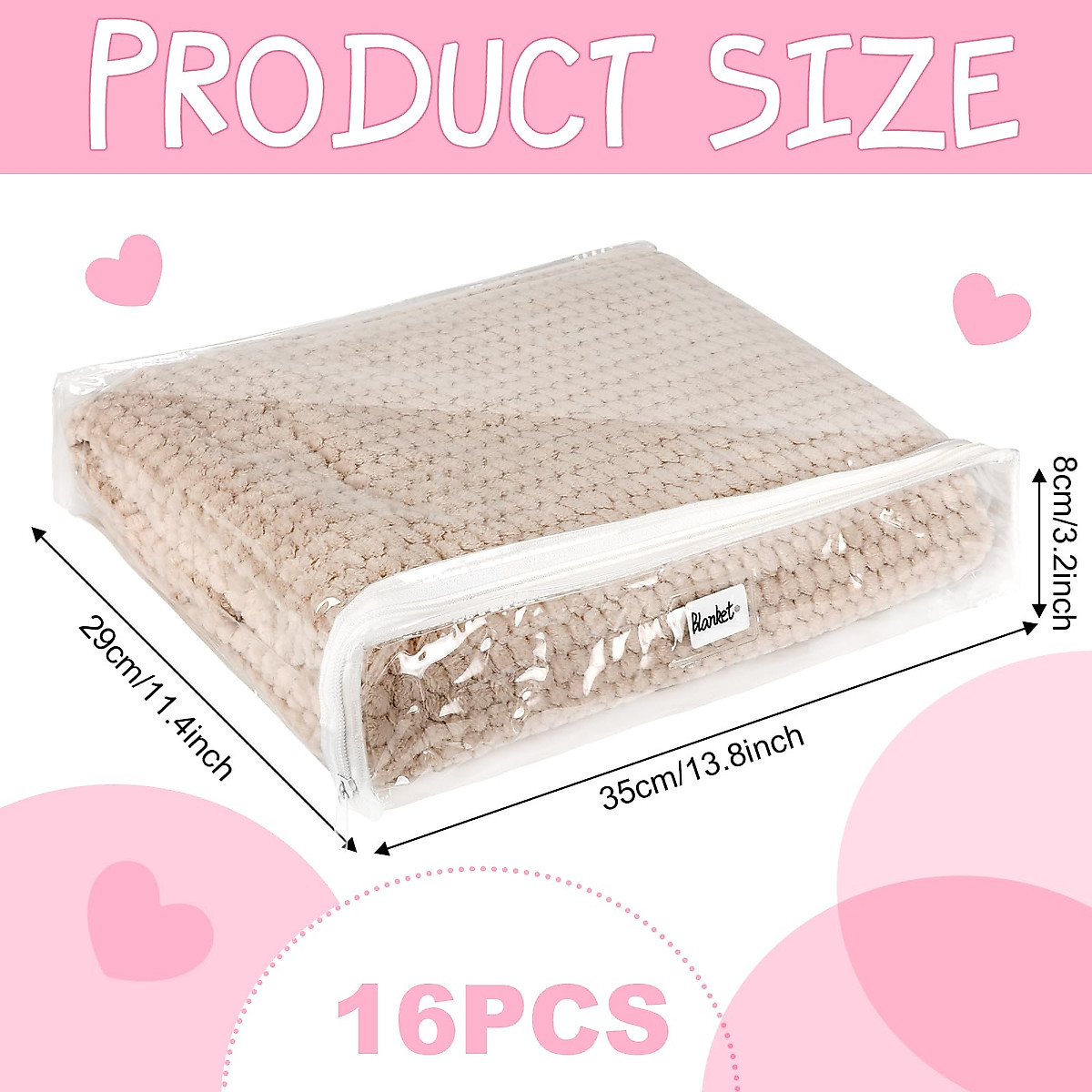 16 Pcs Clear Vinyl Storage Bags with Zipper, Sweater Plastic Storage Bags,Blankets Storage Bags,14 x 11x 3 Inch, Waterproof Organizer for Clothes, Bed Sheet, Throws Pillows, Multi-Purpose