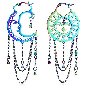 AntDear Asymmetrical Sun and Moon Earrings for Women Dangling, Rainbow Boho Earrings Star Tassel Chain Drop Dangle Statement Earrings Stainless Steel Bohemian Jewelry (Rainbow)
