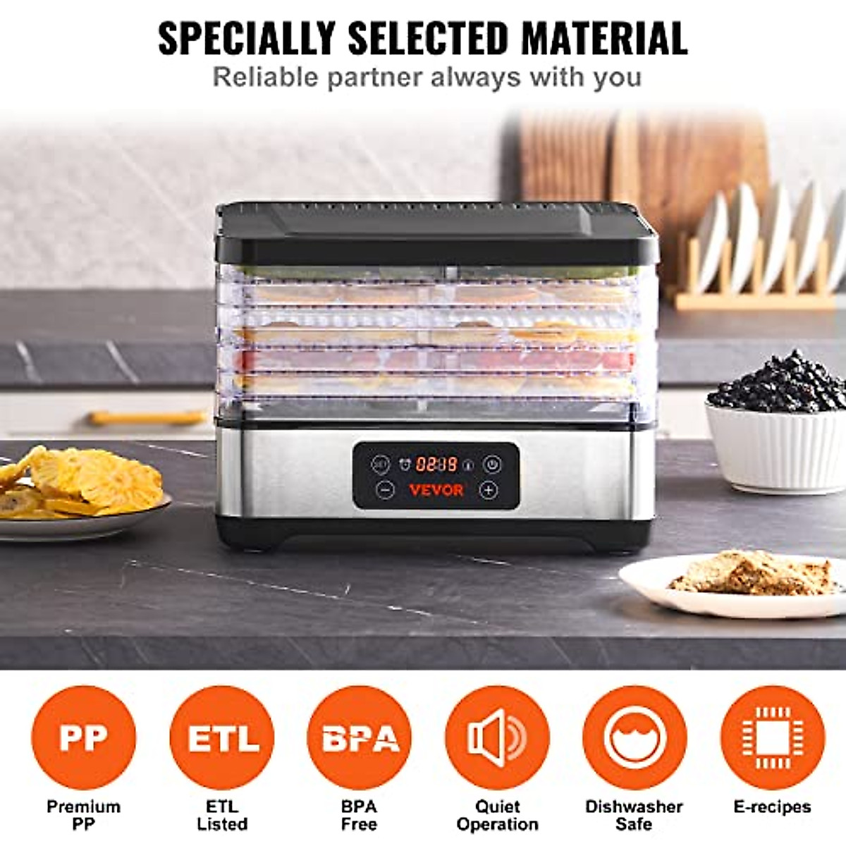 VEVOR Food Dehydrator Machine, 5-Tray Fruit Dehydrator, 300W Electric Food Dryer w/Digital Adjustable Timer & Temperature for Jerky, Herb, Meat, Beef, Fruit, Dog Treats and Vegetables, ETL Listed