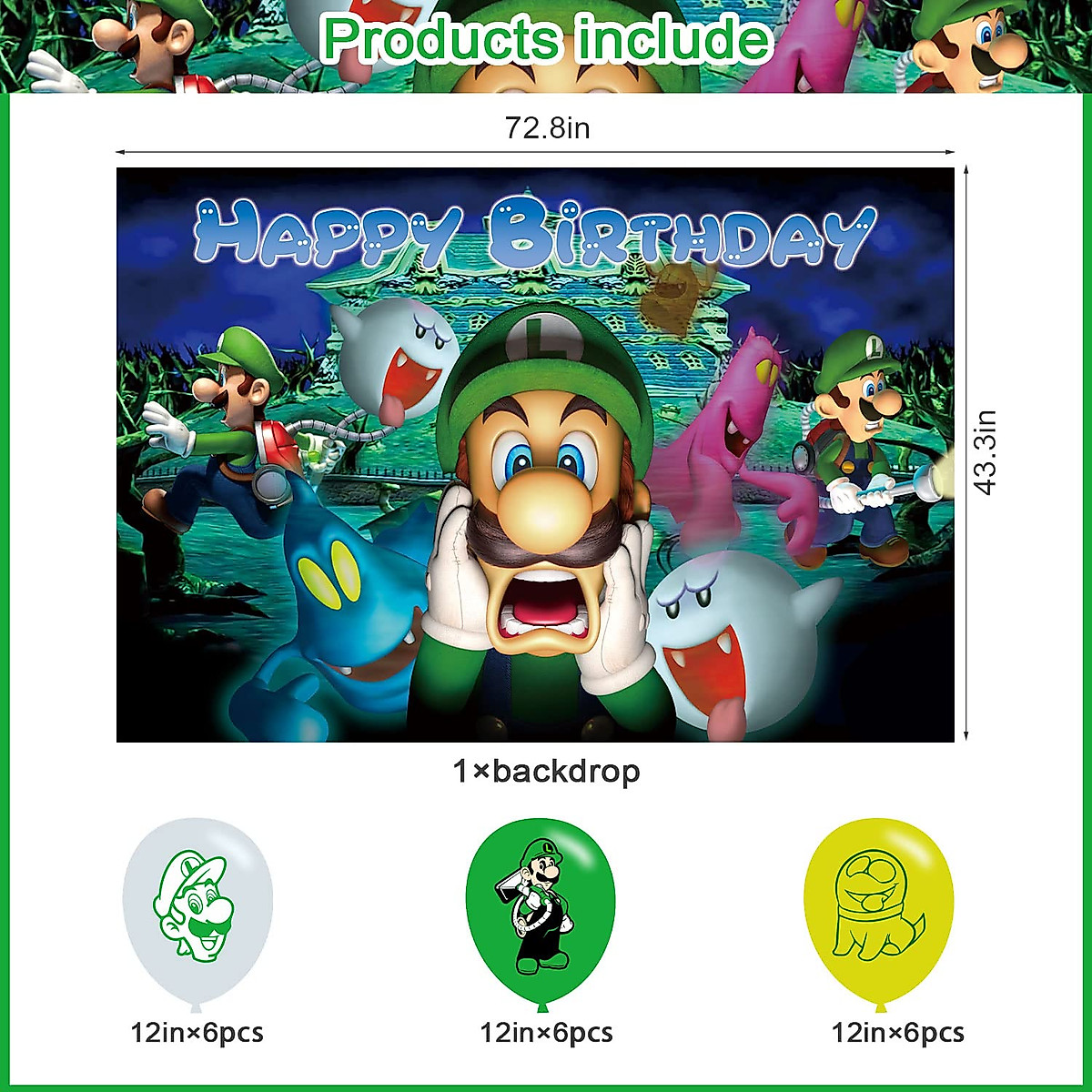 Luigi Mansion Backdrop for Birthday Party Supplies ,1 Happy Birthday Backdrop,18 Ballons for Luigi Mansion Baby Shower Party Decorations, 5 x 3FT Birthday Banner for Girls Boys Party Decorations