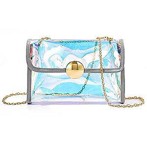Zeelina Hologram Clear Crossbody Purse Bag Pink Shoulder Tote Handbag See Through Party Tarvel Beach Jelly Clutch Bag Messenger with Chains for Women and Girls (Gray)