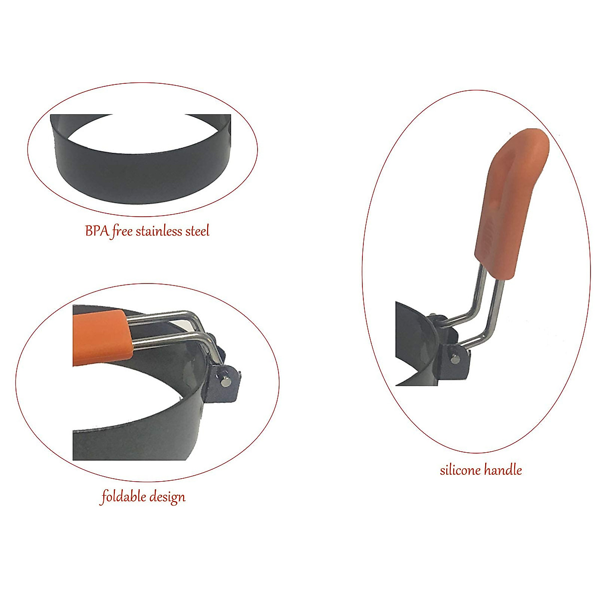 MiaLover 2Pcs 3'' Nonstick Egg Rings with Silicone Handle, Stainless Steel Mold Shaper Circles for Fried Egg MacGuffin Sandwiches,Portable Grill Accessories for Camping Indoor Breakfast Burger