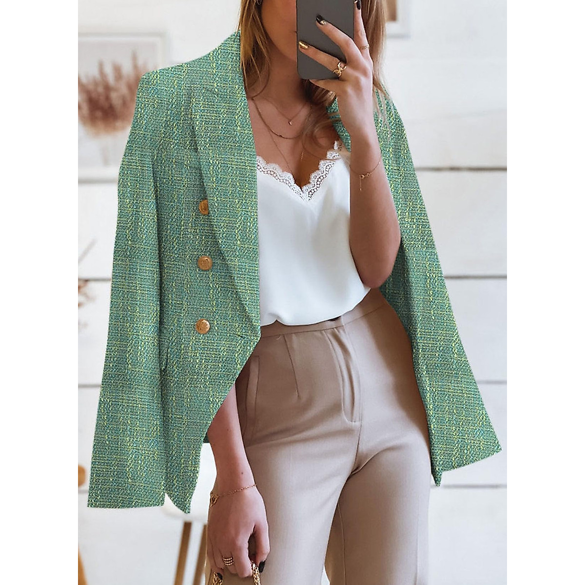 Happy Sailed Womens Tweed Blazer Jackets Fashion Double Breasted Lapel Collar Business Blazers with Pockets Long Sleeve Open Front Office Professional Blazer Work Suits 2024 Green Medium