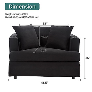 ASAHREE 47'' Mid Century Oversized Reading Armchair, Corduroy 2 Seater Upholstered Sofa Loveseat with 2 Cup Holder, Comfy Modern Accent Chair for Bedroom, Living Room, Black