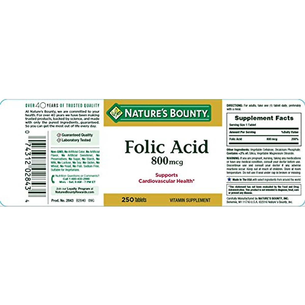 Nature's Bounty Folic Acid Supplement, Supports Cardiovascular Health, 800mcg, Tablet 250 Count(Pack of 3)