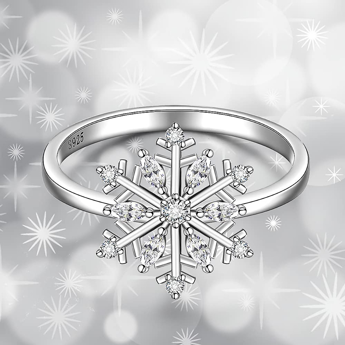 Christmas Rings Snowflake Rings Sterling Silver Cute Dainty White Zirconia Dirthstone Crystal Gift Wedding for Women Love Rings Size 7