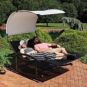 Sunnydaze Outdoor Double Chaise Rocking Lounge Chair with Canopy Shade and Headrest Pillows, Portable Patio Sun Lounger, Black